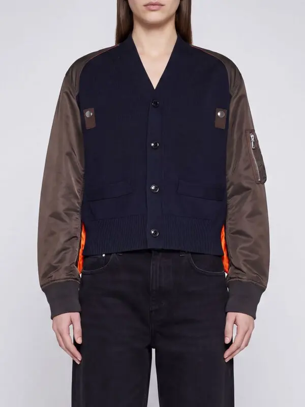 Sacai Bi-colour Cotton And Nylon Cardigan - Navy