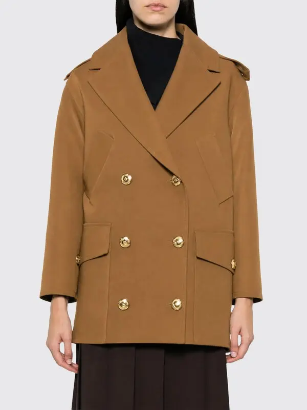 Elisabetta Franchi Double-breasted Knee-length Coat With Metallic Buttons - Brown