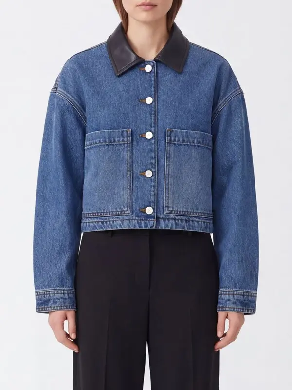 ANINE BING Denim Jacket With Leather Collar And Drop Shoulders - Blue 1