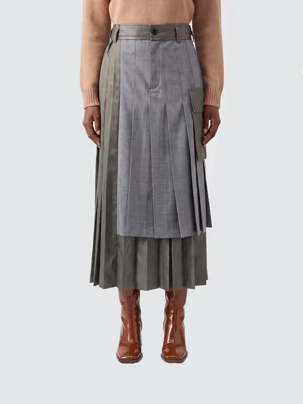 Sacai Asymmetrical Wool Blend Midi Skirt With Cargo Pockets And Pleats - Grey