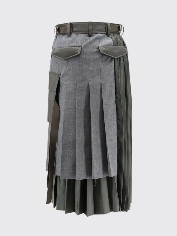 Sacai Asymmetrical Wool Blend Midi Skirt With Cargo Pockets And Pleats - Grey