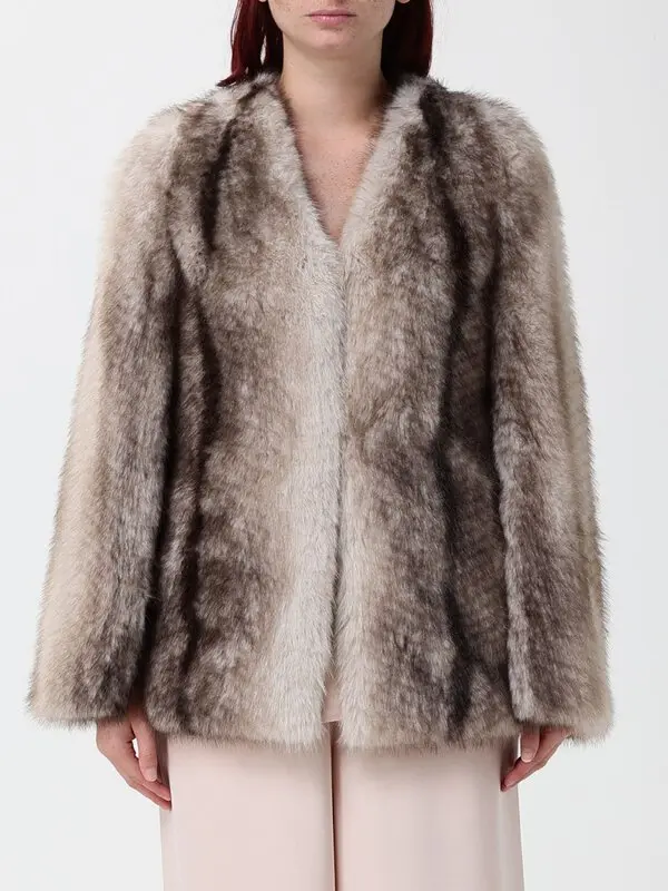TWINSET Cropped Faux Fur Jacket With Classic Collar - Beige