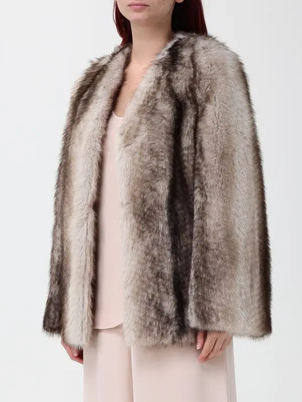 TWINSET Cropped Faux Fur Jacket With Classic Collar - Beige