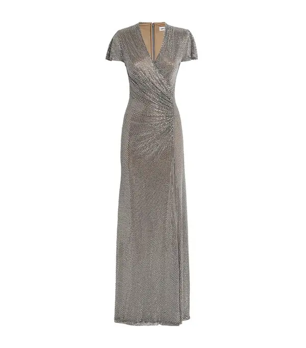 SELF-PORTRAIT Rhinestone Wrap Maxi Dress - Grey