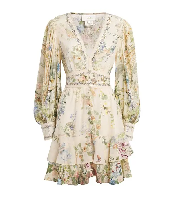 Camilla Silk Midsummer Masterpiece Ruffle Mini Dress - Neutral