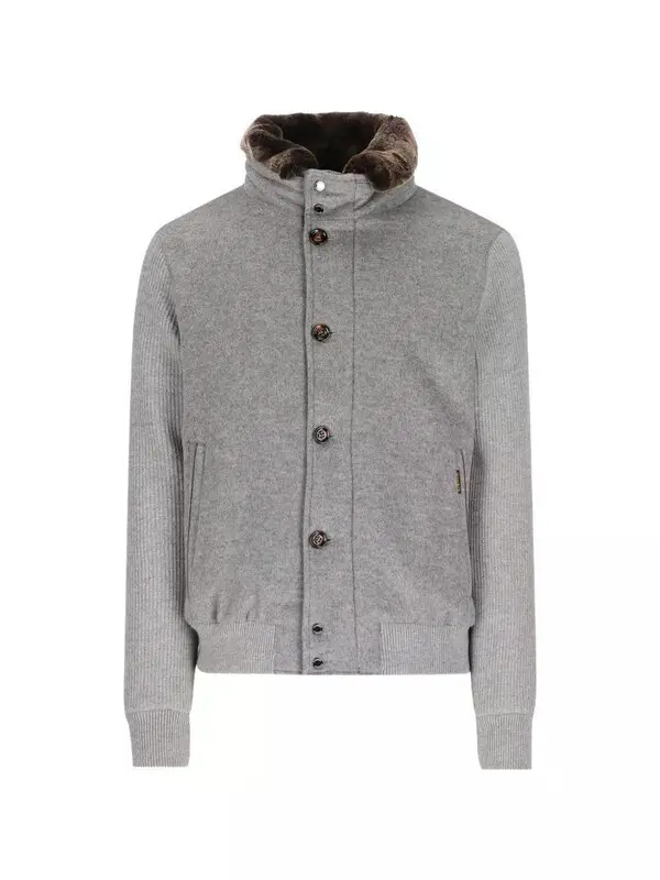 MOORER Ribbed-knit Sleeve Fur-collar Jacket