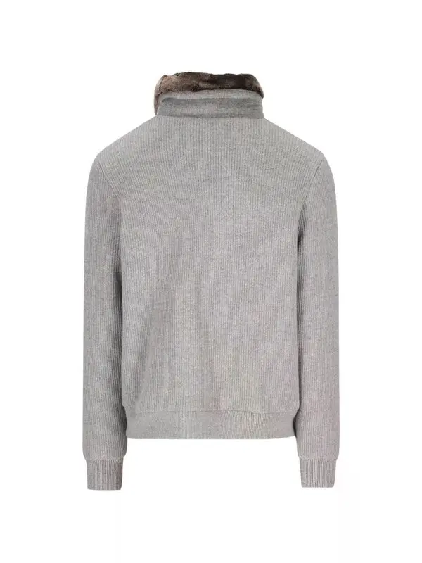 MOORER Ribbed-knit Sleeve Fur-collar Jacket