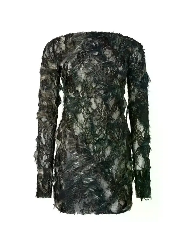 Roberto Cavalli Feather-embellished Lace-overlay Mini Dress - Black