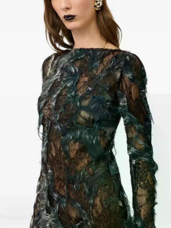 Roberto Cavalli Feather-embellished Lace-overlay Mini Dress
