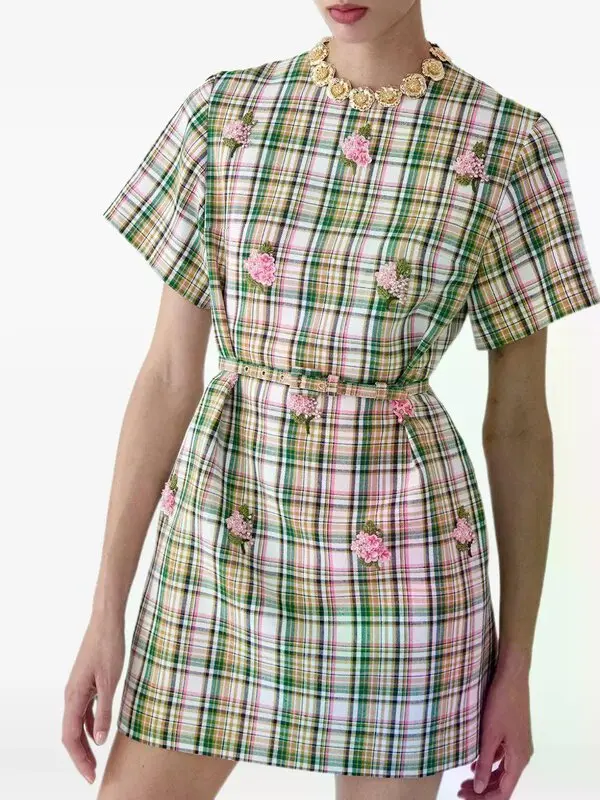 Carolina Herrera Embellished Check Shift Mini Dress