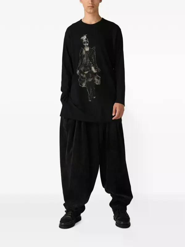 Yohji Yamamoto Graphic-print Button-slit Long-sleeved T-shirt - Black