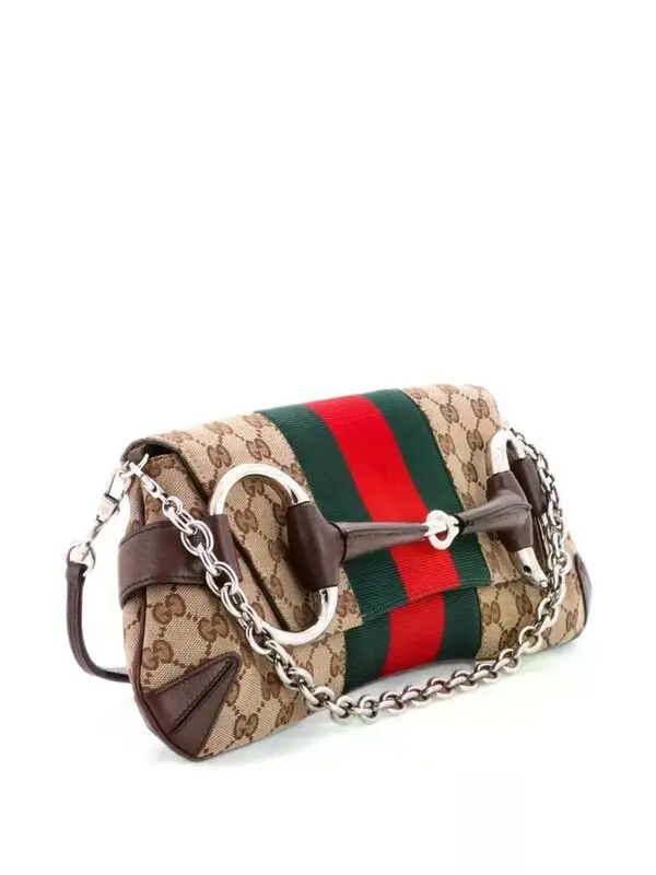 Gucci Horsebit Nm Web Chain Clutch Gg Canvas Medium Shoulder Bag - Brown