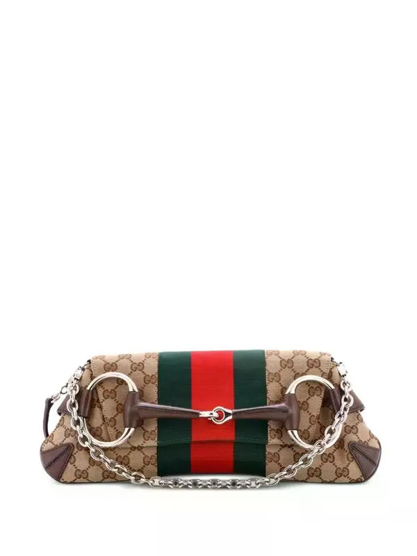Gucci Horsebit Nm Web Chain Clutch Gg Canvas Medium Shoulder Bag - Brown