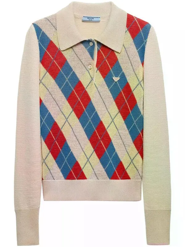Prada Argyle-knit Wool Polo Shirt - Neutrals