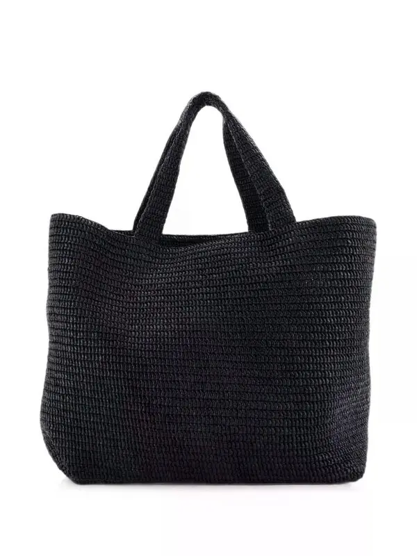 Saint Laurent Logo Embroidered Raffia Tote Bag - Black