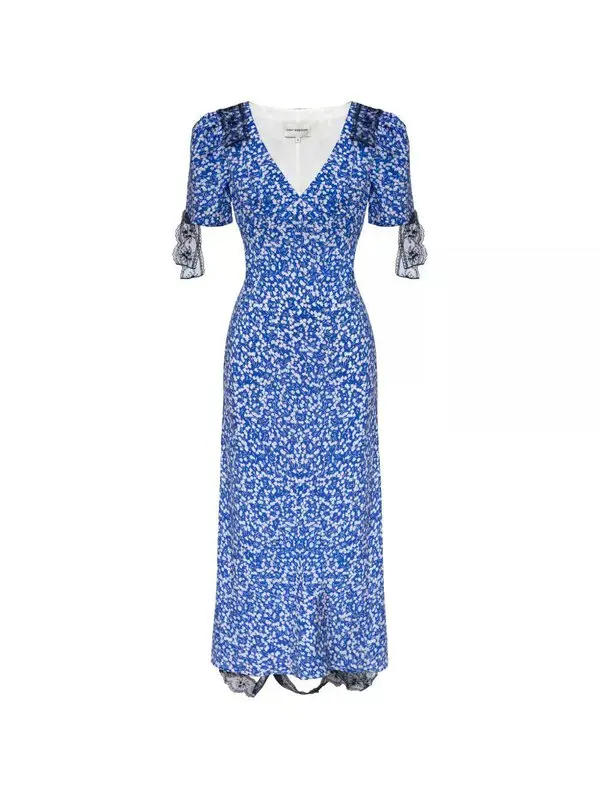 POST MERIDIEM Floral-print Lace-trim Midi Dress - Blue