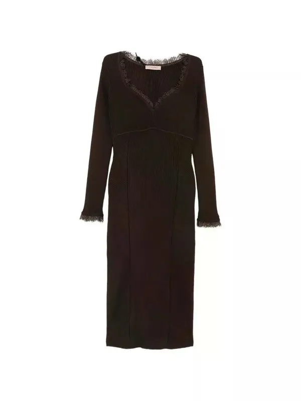TWINSET Lace-trim Ribbed-knit Midi Dress - Brown