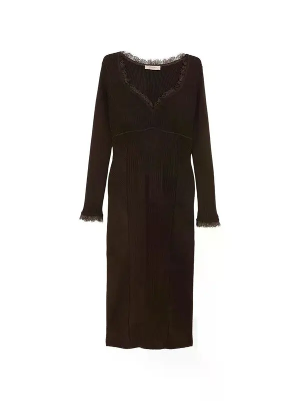 TWINSET Lace-trimmed Ribbed-knit Midi Dress - Brown