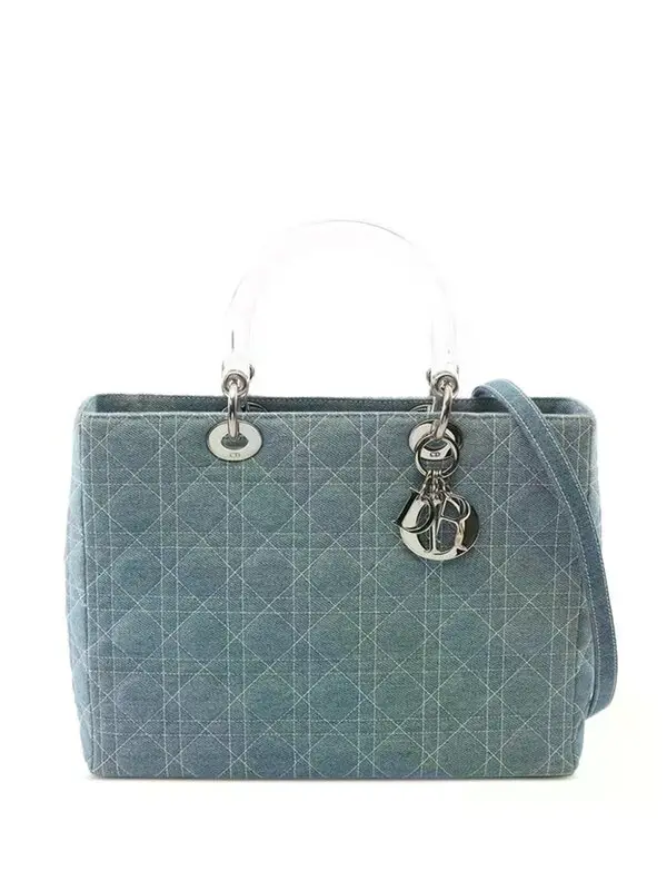 Dior Large Denim Cannage Satchel With Acrylic Handles - Blue