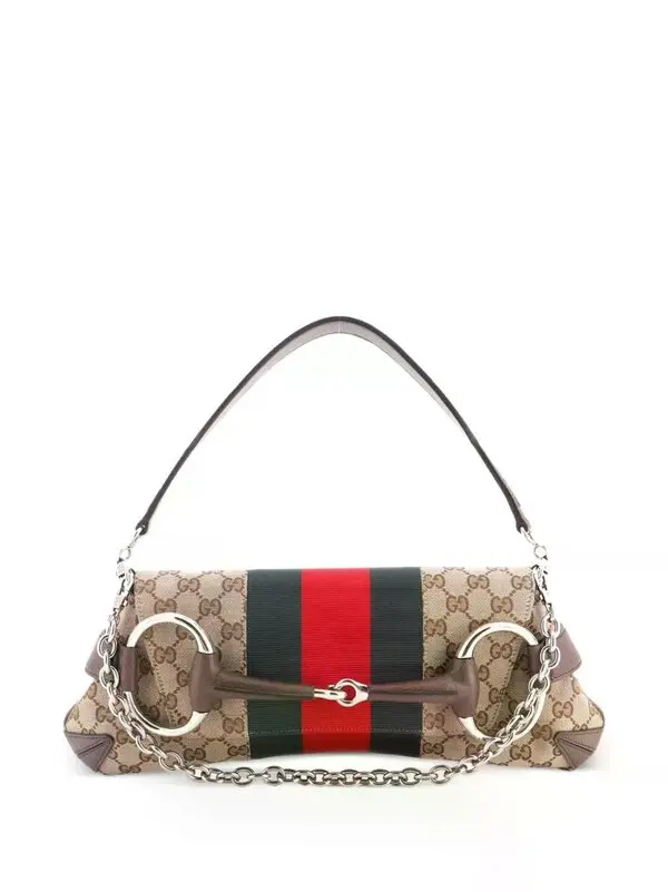 Gucci Horsebit Nm Web Chain Clutch Gg Canvas Medium Shoulder Bag - Brown