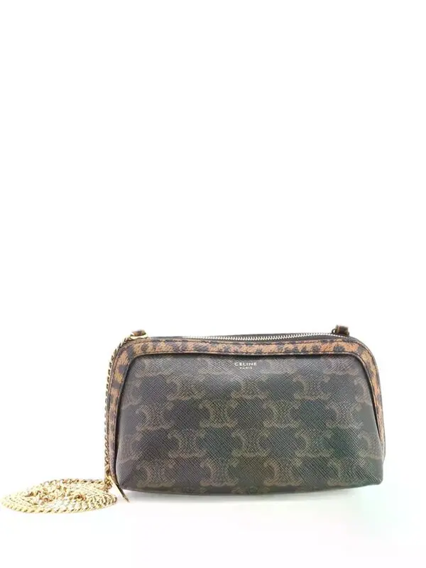 Celine Zip Around Chain Clutch Triomphe Coated Canvas Crossbody Bag - Brown