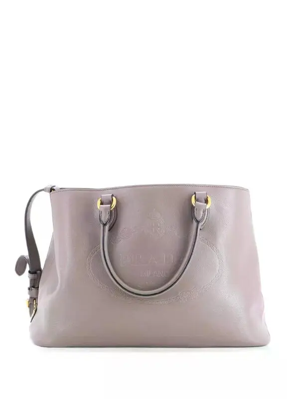 Prada Embossed Logo Convertible Open Glace Calf Medium Tote Bag - Grey