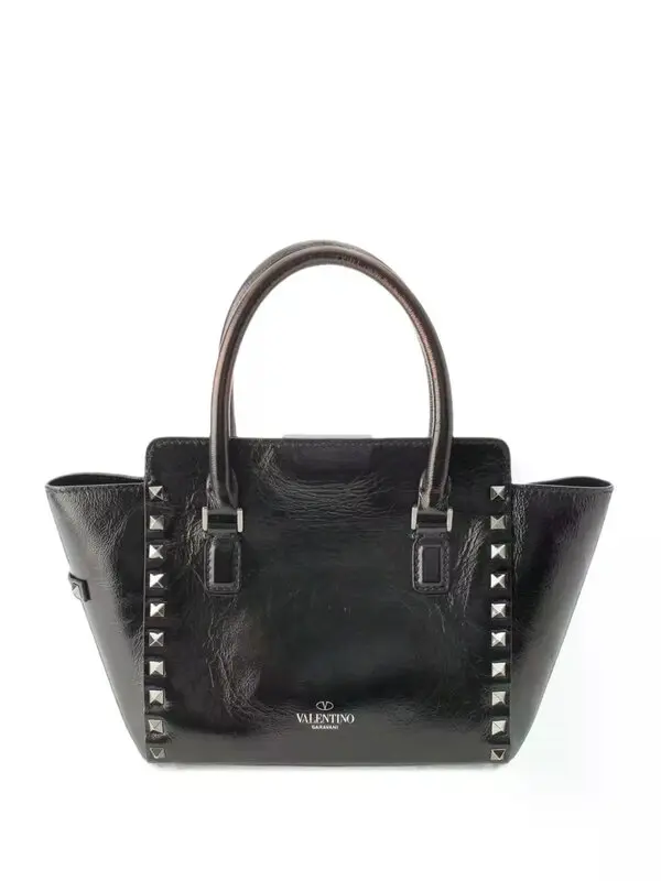 Valentino Garavani 2000-2017 Small Crinkled Calfskin Rockstud Double Handle Tote Satchel - Black