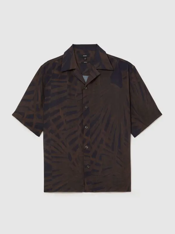 REISS Navy & Brown Plissé Printed Cuban-collar Shirt - Navy/brown