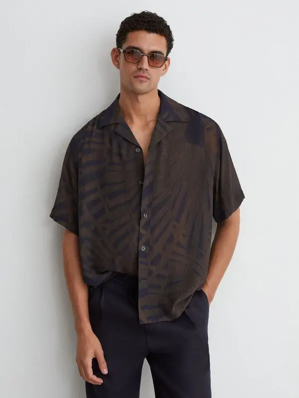 REISS Navy & Brown Plissé Printed Cuban-collar Shirt - Navy/brown