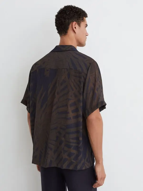REISS Navy & Brown Plissé Printed Cuban-collar Shirt - Navy/brown