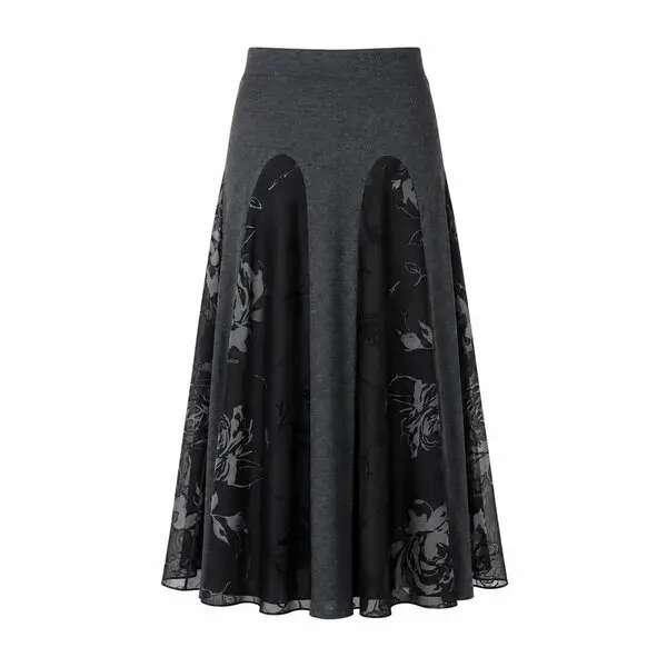 LALIPOP DESIGN Black / Grey Mixed-media Floral Print Midi Skirt - Black/grey