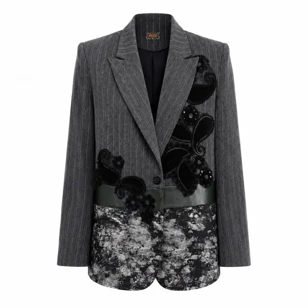 LALIPOP DESIGN Grey / Black / White Mixed-media Pinstripe Oversized Blazer Jacket - Grey/black/white