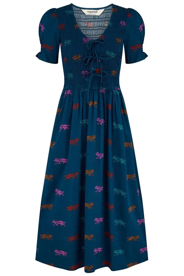 SUGARHILL BRIGHTON Lacy Shirred Midi Dress Petrol Navy Tiger - Blue