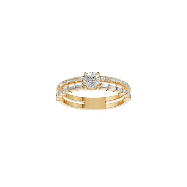 AYA FINE JEWELRY Round Brilliant Lab Grown Diamond Engaget Ring With Double Pave & Baguette Band In 14k Gold - Yellow