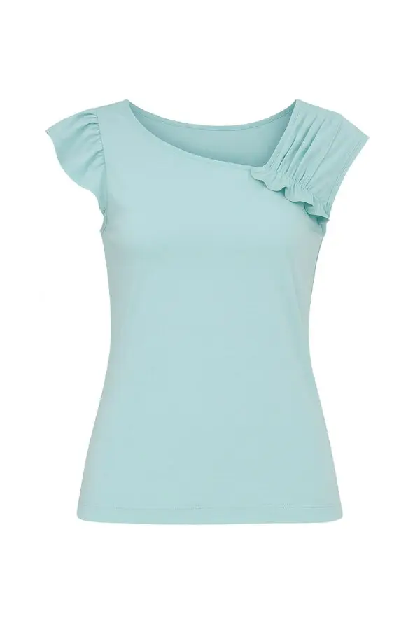 CONQUISTA Asymmetric Ruffle Sleeve Jersey Top – Aqua