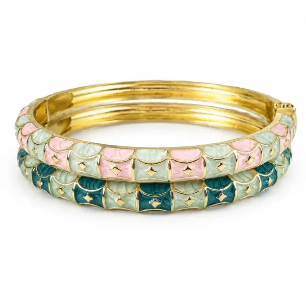 NUVV COLLECTION Green / Pink Pastel Enamel Hinged Bangle Set – Pink Mint & Emerald Green - Green/pink