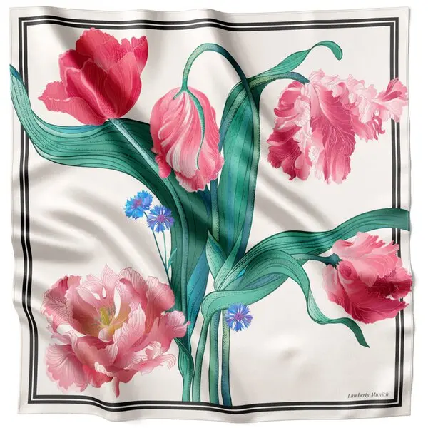 LAMBERTY MUNICH Neutrals/ Tulipani Al Vento Classic Italian Mulberry Silk Scarf - Pink/green