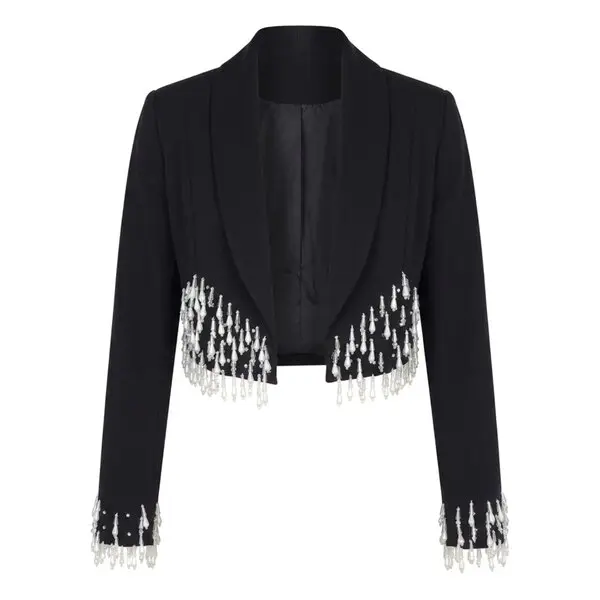 MODENAIRE Beaded Cropped Blazer With Shawl Collar - Black