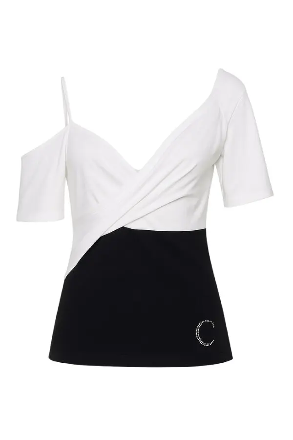 CONQUISTA Asymmetric Wrap Top With Contrast Panel - Black