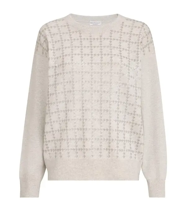 Brunello Cucinelli Cashmere Sequin-houndstooth Sweater - White