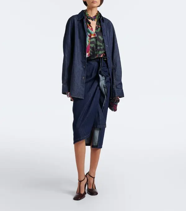 Dries Van Noten Draped Asymmetric Denim Midi Skirt
