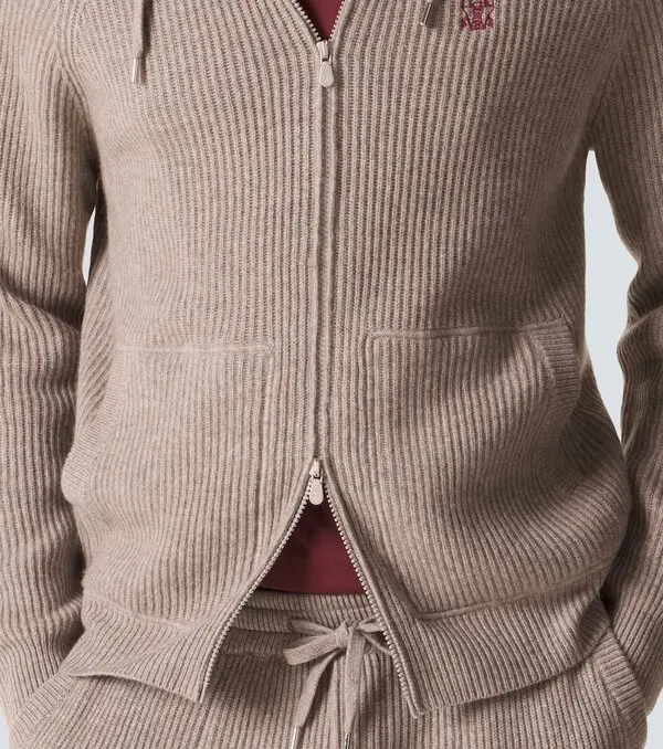 Brunello Cucinelli Ribbed-knit Cashmere Zip-up Cardigan - Beige