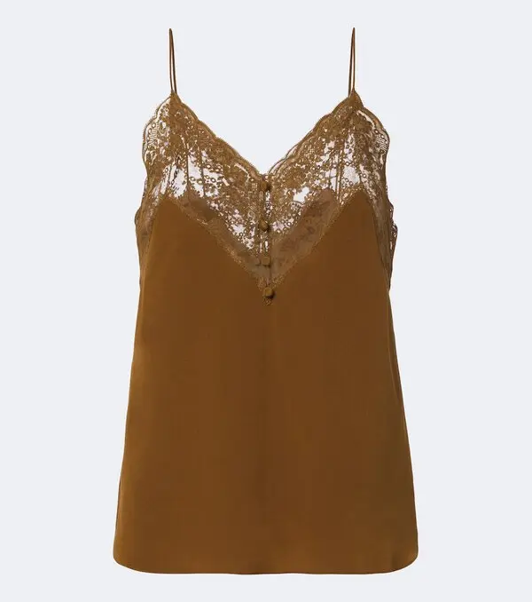 Saint Laurent Lace-trimmed Silk Crepe De Chine Camisole - Brown