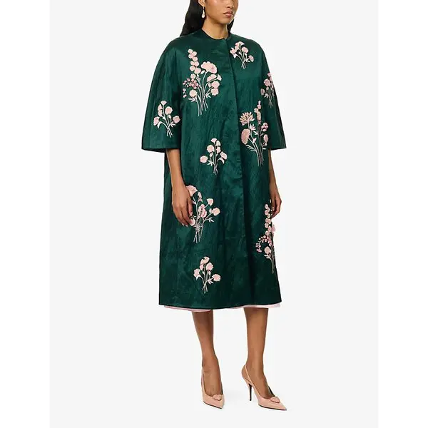 Erdem Floral-embroidered Textured Satin Coat