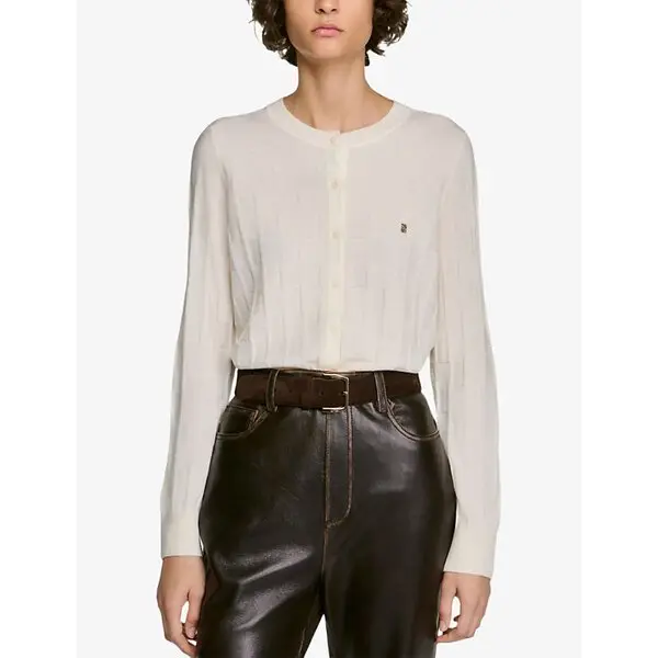 Sandro Cropped Check-stitch Wool Cardigan
