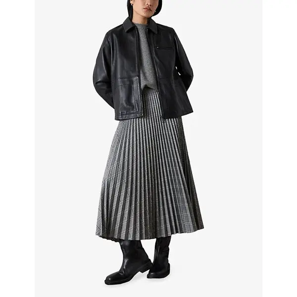 Whistles Checked Pleated Woven Midi Skirt