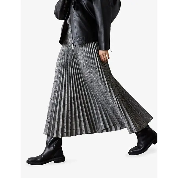Whistles Checked Pleated Woven Midi Skirt
