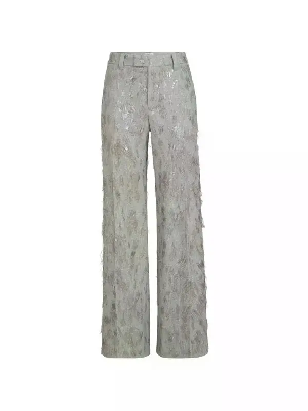 Brunello Cucinelli Virgin Wool And Cashmere Twill Flannel Loose Flared Trousers With Dazzling Lynx Embroidery - Grey