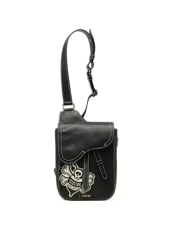 Dior Stussy Bee Applique Calfskin Saddle Crossbody Bag - Black