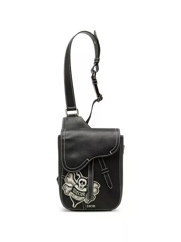 Dior 2020 Stussy Bee Applique Calfskin Saddle Crossbody Bag - Black